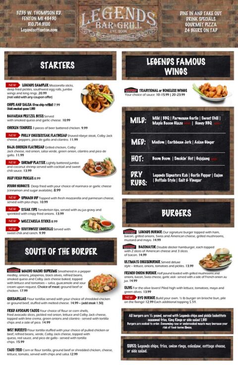 Menu | Fenton, MI | Legends Bar & Grill