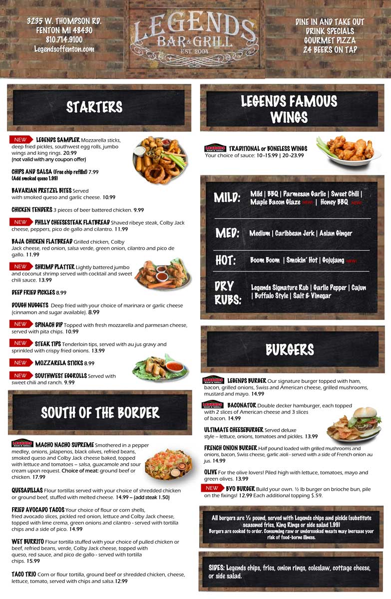 Menu | Fenton, MI | Legends Bar & Grill